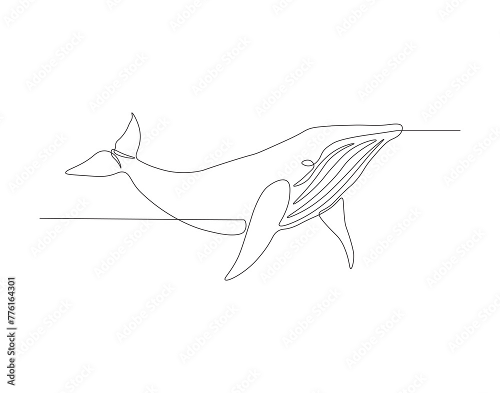 Continuous line drawing of blue whale fish. One line of swimming blue ...