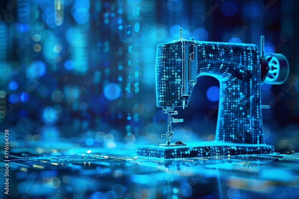 digital sewing machine with glowing data stream symbolizes the ...