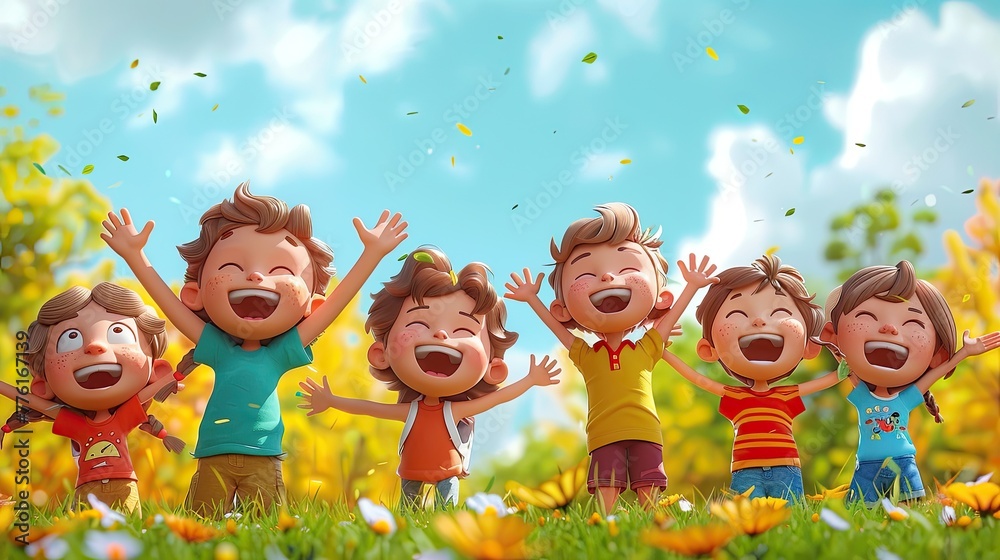 Animated group of kids playing Simon Says on the school field ...