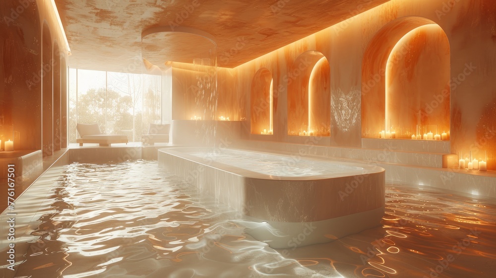 Calm, minimalist spa with a focus on floatation therapy, surrounded by ...