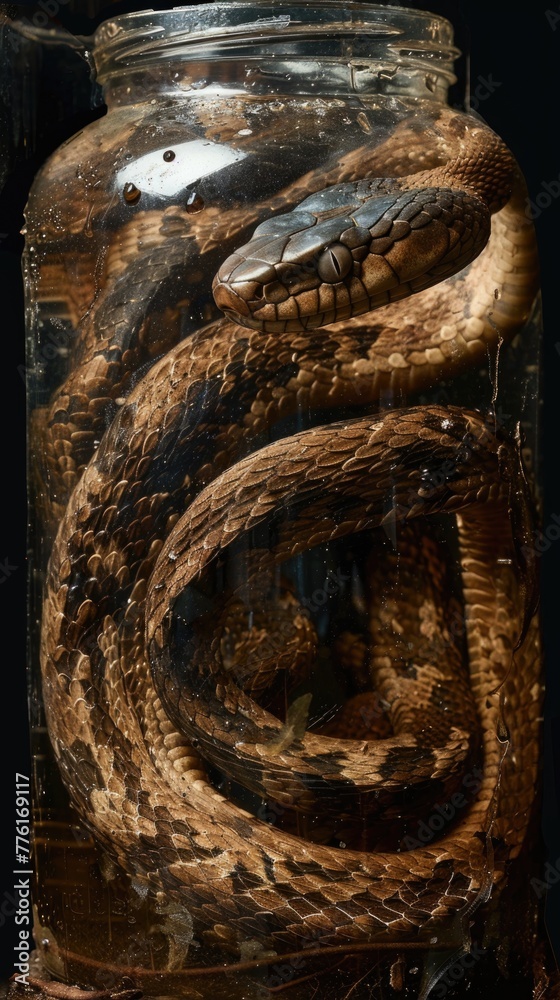 Realistic, eerie wet specimen of a two-headed snake, curled around ...