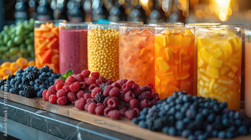 Sunset viewing party setup with a spectrum of sunset-colored smoothies ...