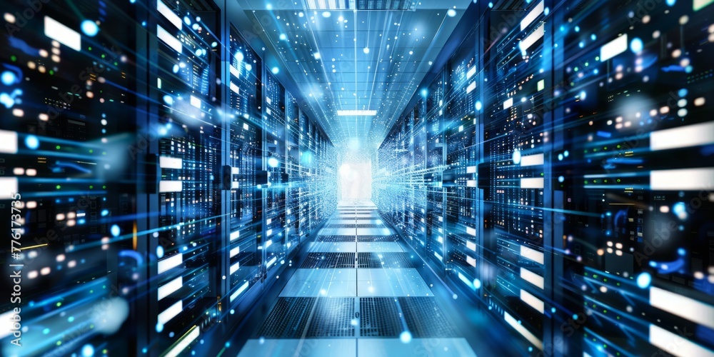A digital background of an illuminated data center with blue lights and ...