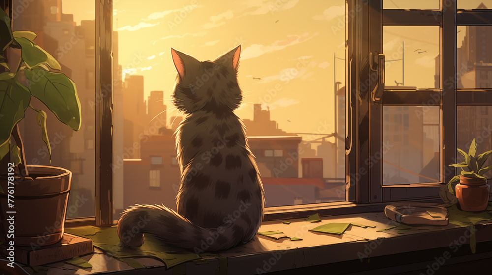 Lofi Window View with Anime Cat - Perfect for Chill Study Illustration ...