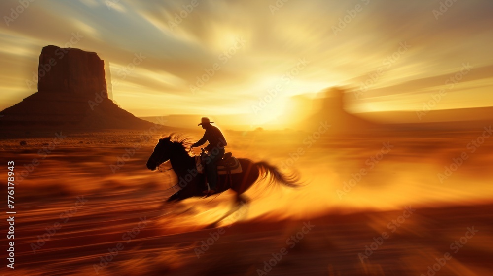 Cowboy riding horse running fast in American's wild west rugged land ...