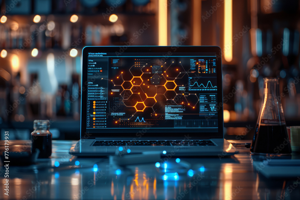 High-tech laboratory featuring an advanced microscope and a digital ...