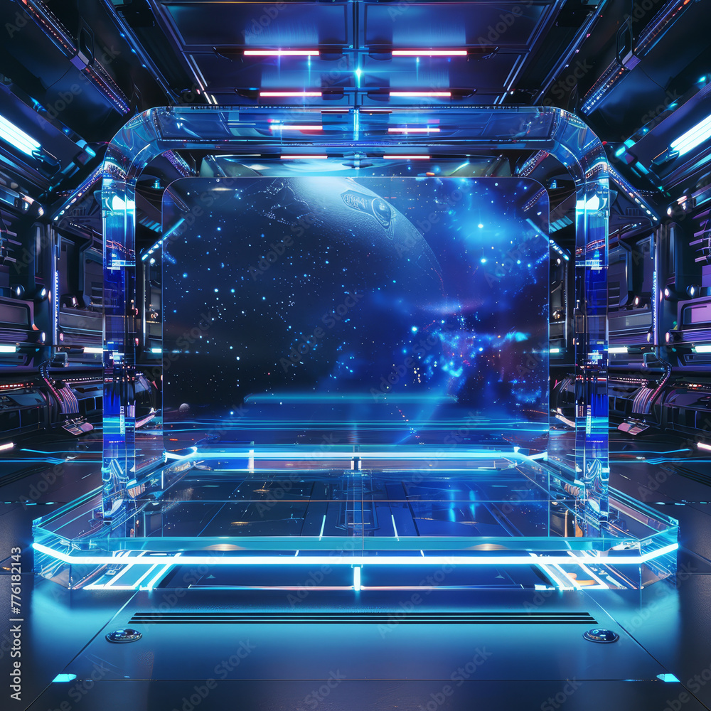 A high-tech control room in a space station, featuring advanced ...