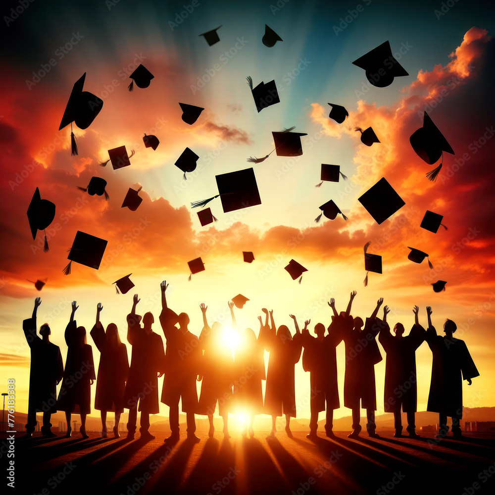 silhouettes of university graduates celebrating graduation, welcoming ...