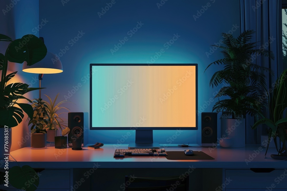 Hyper-realistic image of a computer setup on a desk, illuminated by the ...
