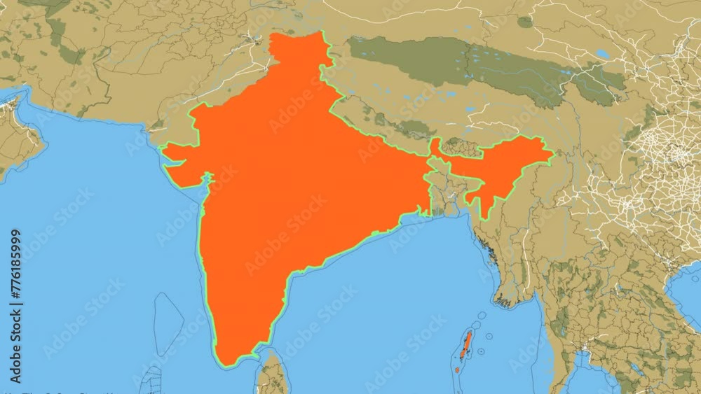 Animated India map highlighted orange color zooming from top Space view ...