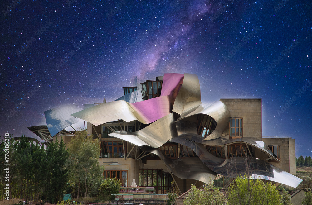 Elciego, Alava, Spain; march 28th 2024: Front view of a modern building ...