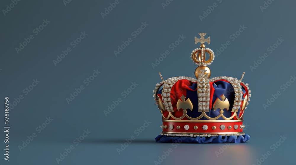 3d golden crown and British flag on a blue background, illustration ...