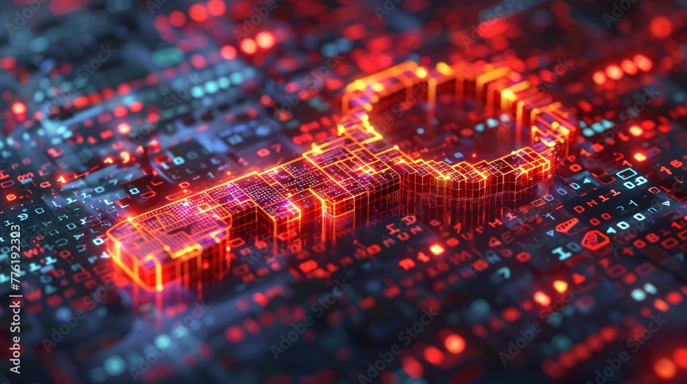 Cybersecurity software logo combining a binary code stream and a key for secure data access ...