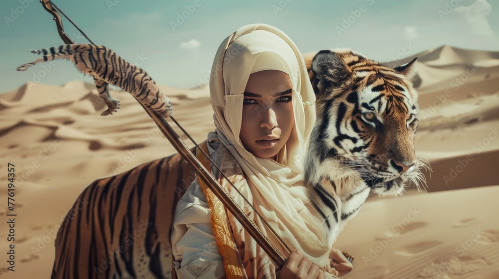 Muslim woman wearing a white hijab carrying a bow and arrow accompanied ...