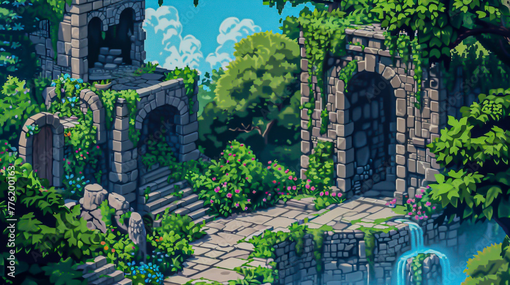 Design a pixelated cartoon environment for an game featuring biophilic ...