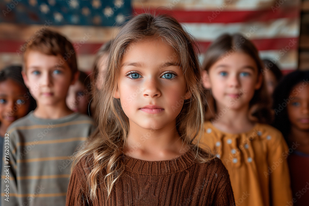 Cute girl and group of school children standing in front of a large ...