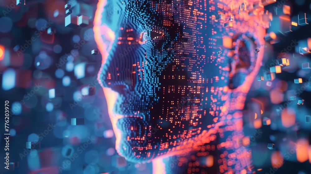 A close-up, 4K rendition of a human head in voxel art, capturing the ...