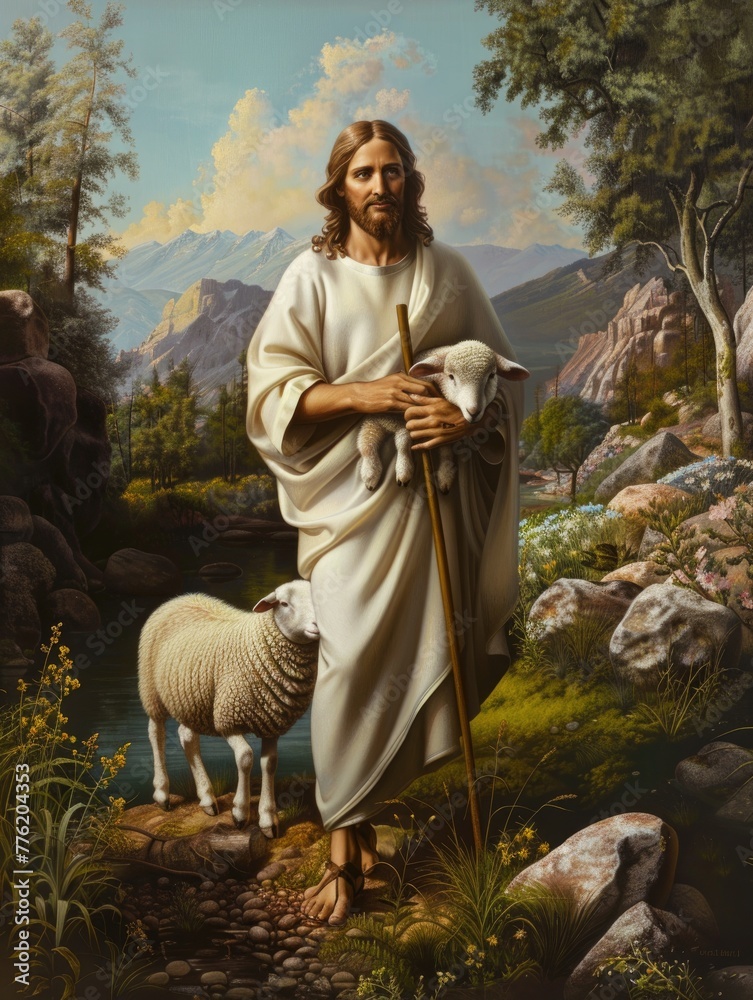Hyper-realistic image of Jesus Christ as the Good Shepherd, with a lamb ...