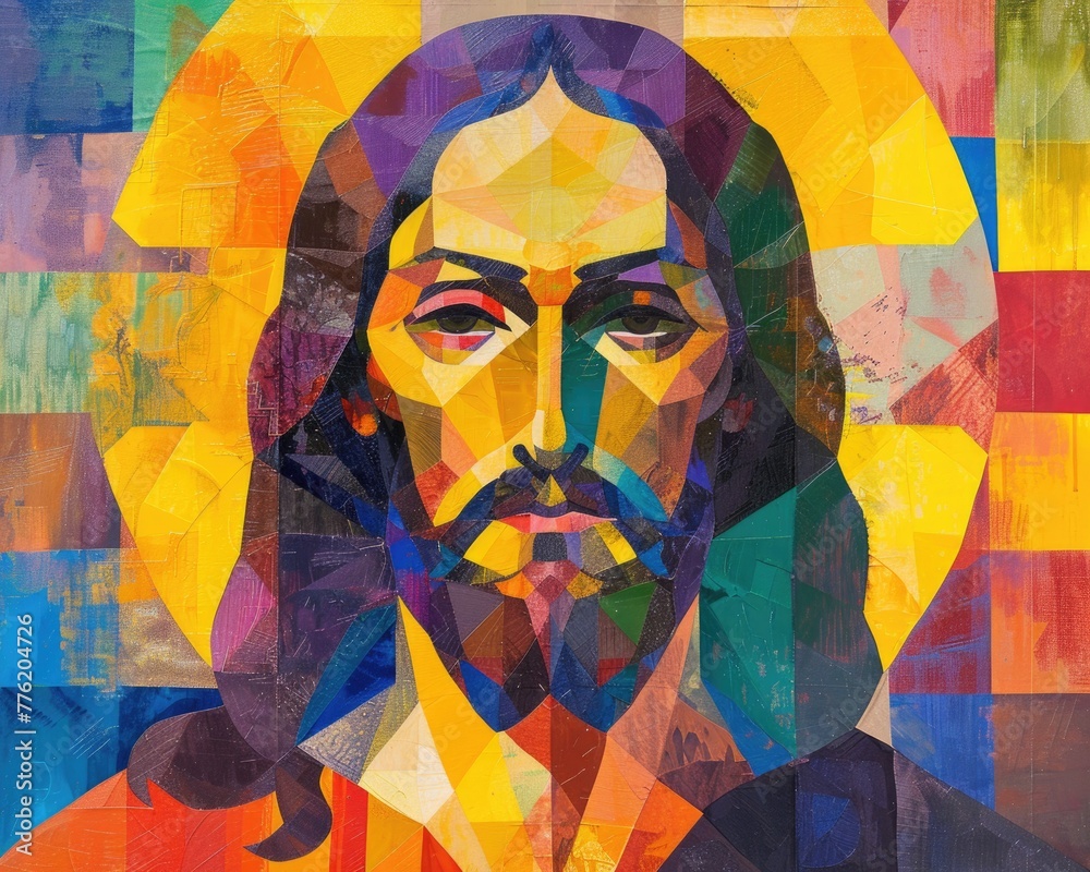 Abstract representation of Jesus Christ with bold colors and geometric ...