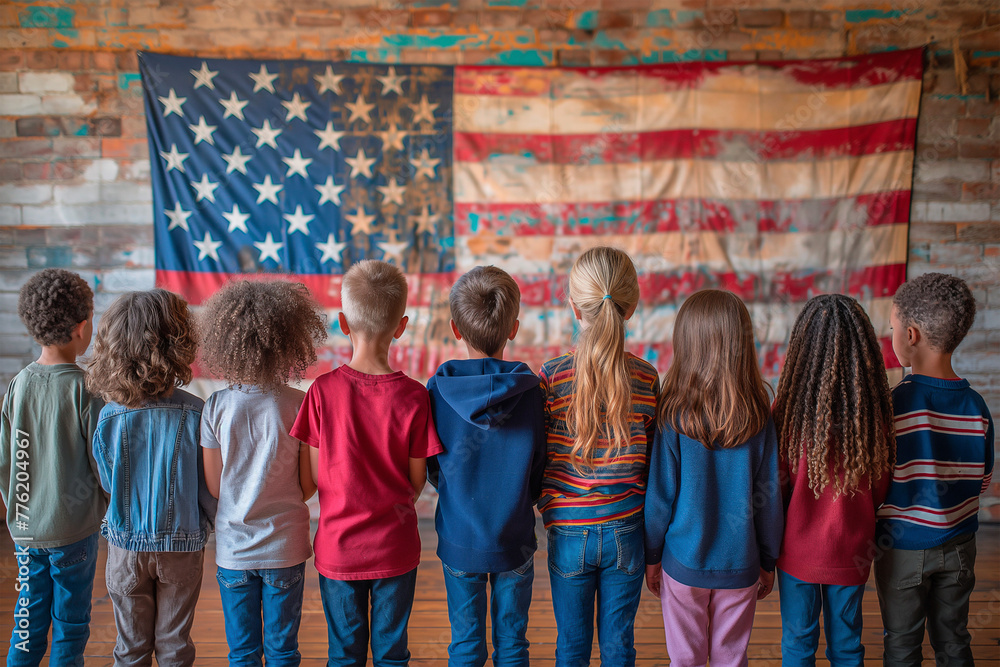 Group of school children standing in front of a large American flag ...