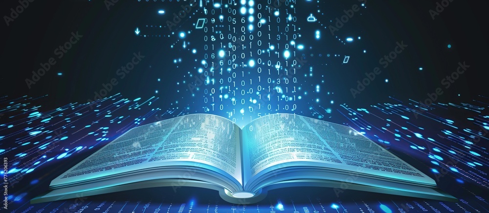 An open book with pages made of glowing digital data streams, representing the integration and ...
