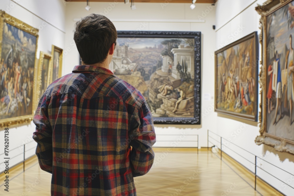Man in an art gallery or museum, outstanding paintings by artists of ...