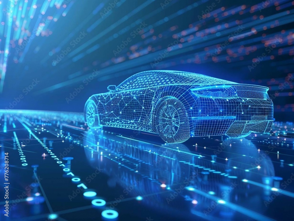 digital blue self-driving car with glowing data stream , the ...