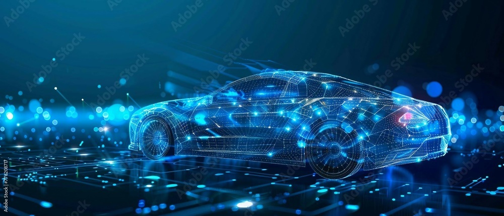 digital blue self-driving car with glowing data stream , the ...