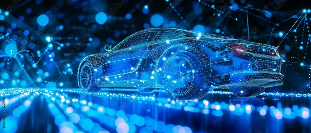 digital blue self-driving car with glowing data stream , the ...