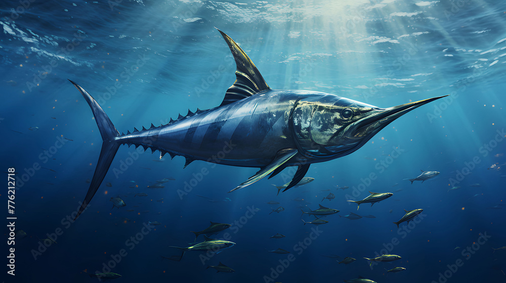 An ancient swordfish in sea water illuminated by rays piercing the ...