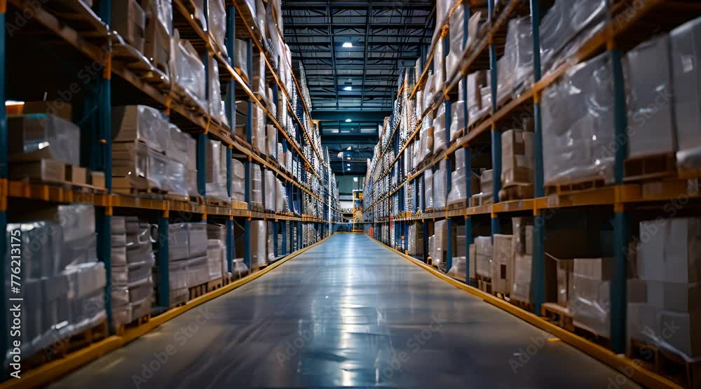 Interior view of a large distribution warehouse with rows of high ...