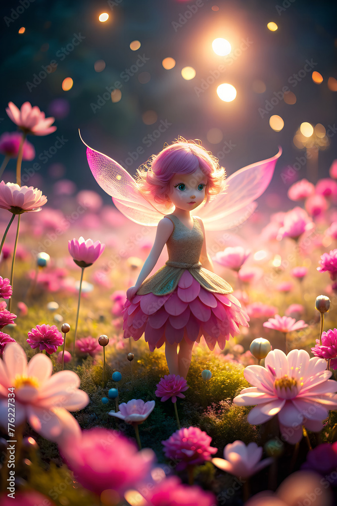 cute pink angel in the glowing flower garden in fantasy land Stock ...