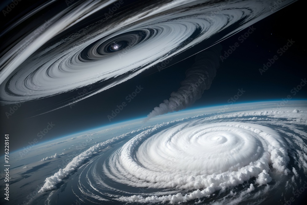 Wide angle photos of outer space, on the right a large tornado circle ...