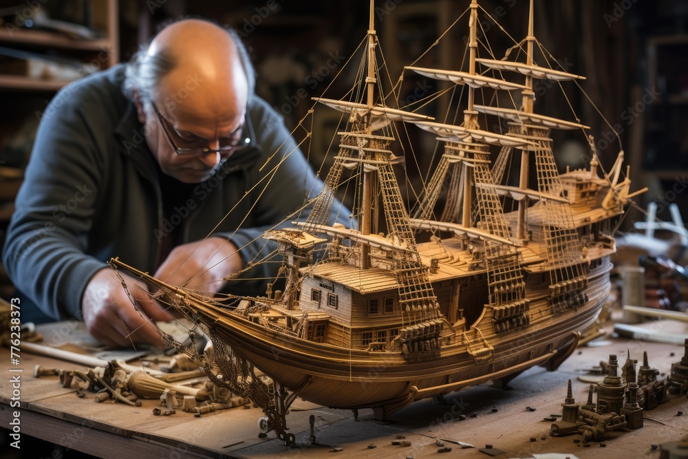Construction model ship, The construction of an intricate model ship ...