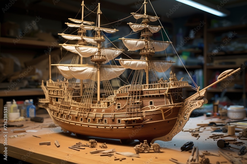 Construction model ship, The construction of an intricate model ship ...
