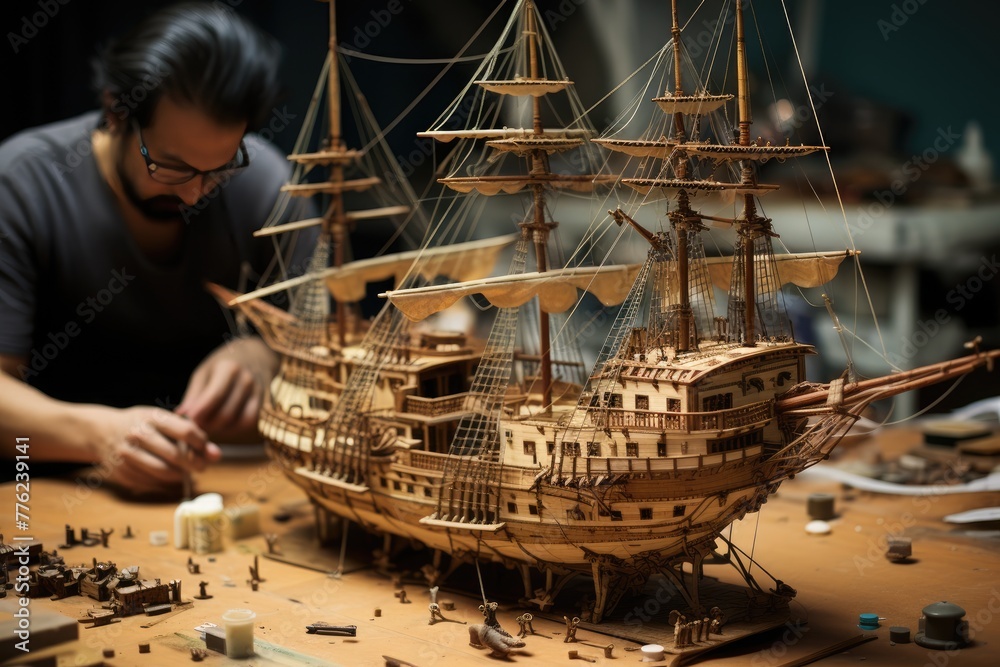 Construction model ship, The construction of an intricate model ship ...