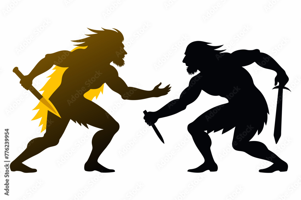 Two people fighting, Neanderthal, minimalism vector silhouette on white ...