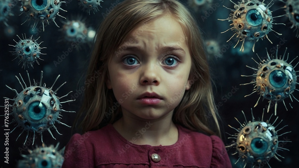 Little girl among viruses. Virus and bacterial diseases spreading among ...