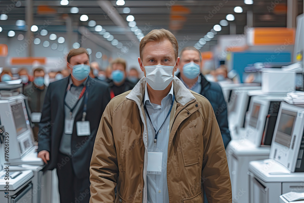 A masked man in the office against the background of a crowd of people ...