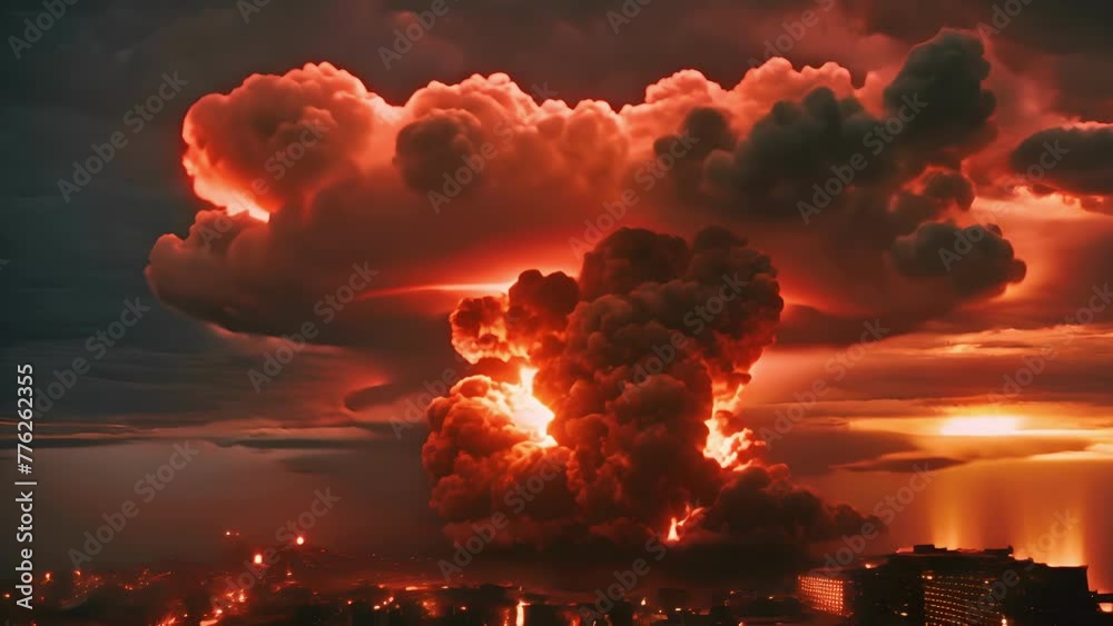 Massive explosion over city skyline at dusk. Apocalyptic mushroom cloud ...