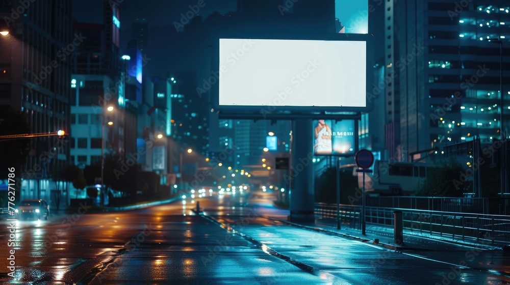 Rainy Night City Billboard. Street mockup. The glow of a blank ...
