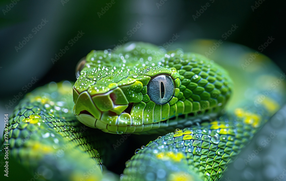 A close-up of a green snake with water droplets on its scales, showing ...