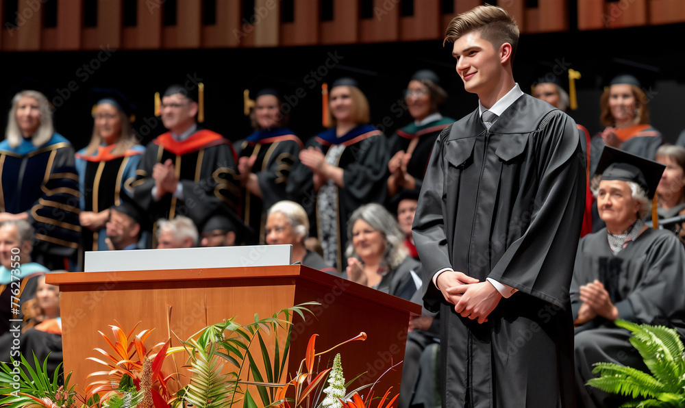 Graduate standing at podium during commencement ceremony. Audience in ...