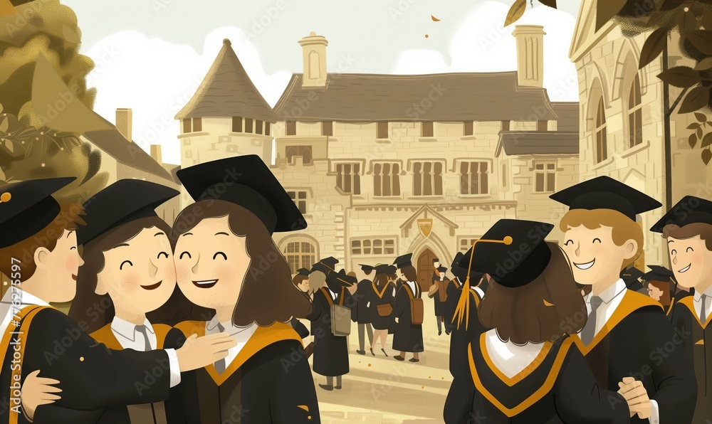 College graduates celebrating in front of campus building. Vintage ...