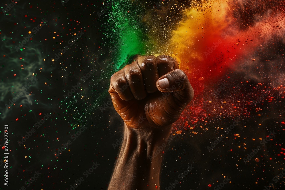 black mans hand in a power fist gesture with splash of red green and ...