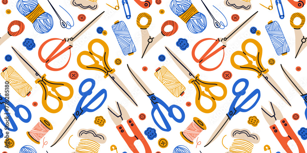 Seamless pattern with different sewing and embroidery tools on white ...