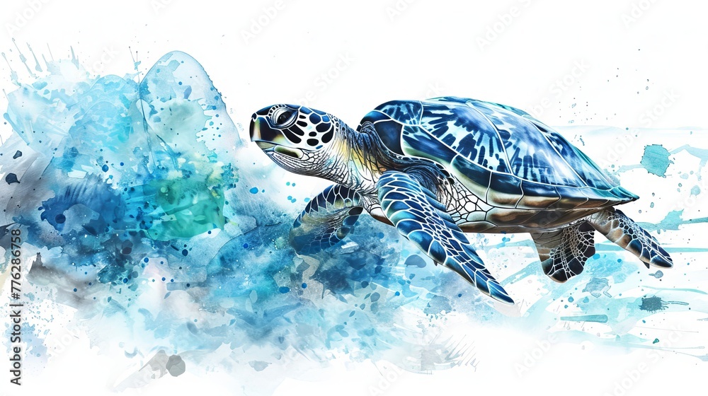 Watercolor painting of a sea turtle with an ocean scene, on a white ...