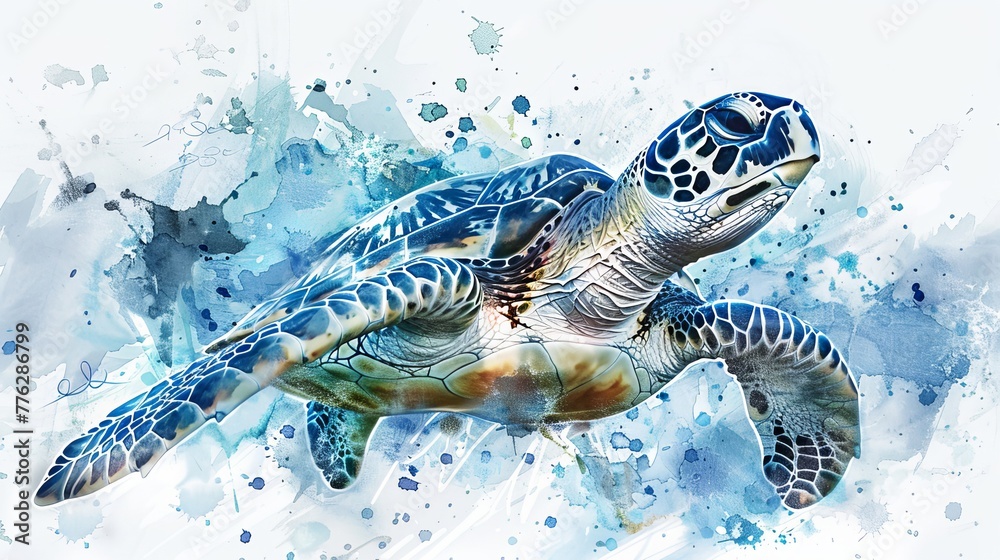 Watercolor painting of a sea turtle with an ocean scene, on a white ...