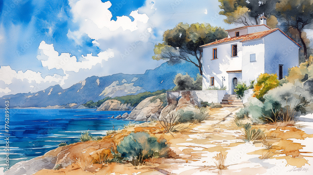 watercolor drawing of the Mediterranean coast and a white traditional ...
