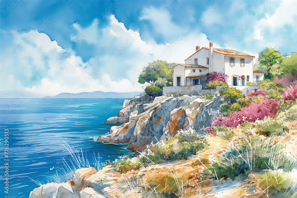 watercolor drawing of the Mediterranean coast and a white traditional ...
